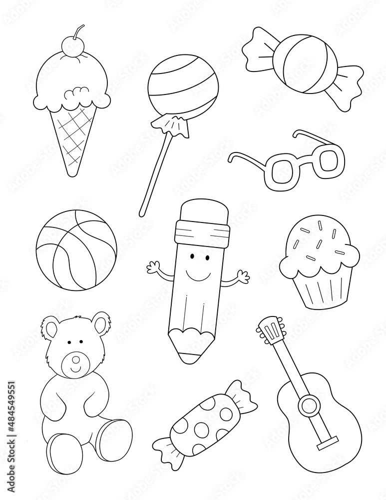 fun coloring page for kids with a set of objects like a teddy bear, an ...