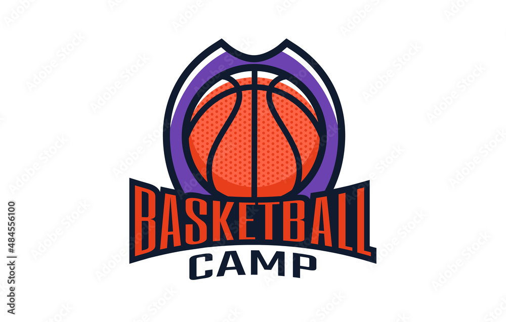 Logo, emblem of the basketball camp. Colorful school emblem with a ball ...