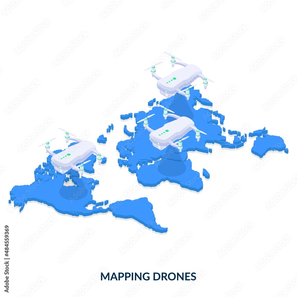 Mapping drones. Drones for exploration, geolocation, mapping. Isometric ...