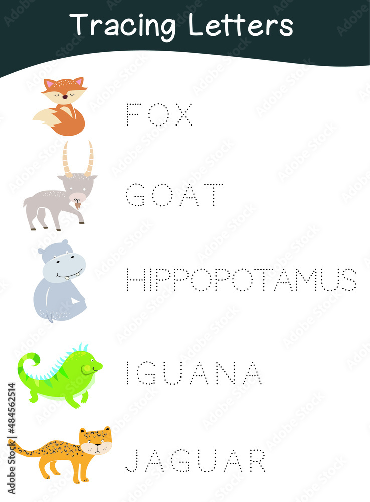 Tracing letters. Tracing names of animals’ worksheet. Writing practice ...