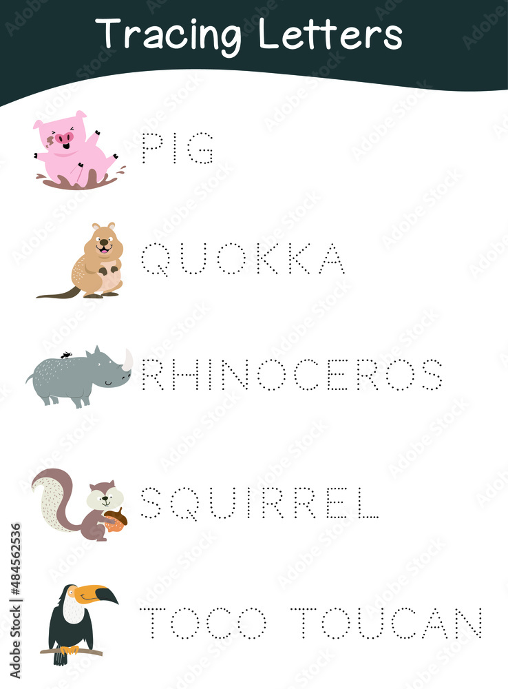 Tracing letters. Tracing names of animals’ worksheet. Writing practice ...