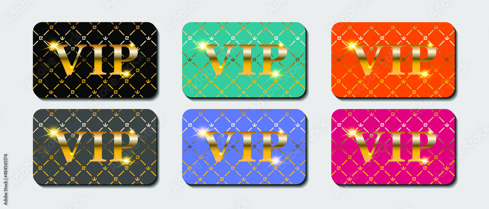 VIP card template. Six cards of different colors with gold inscription ...
