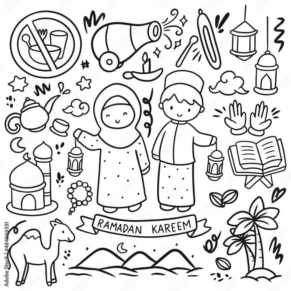 Cartoon Kids Celebrating Ramadan in Kawaii Doodle Style Vector Clip Art ...
