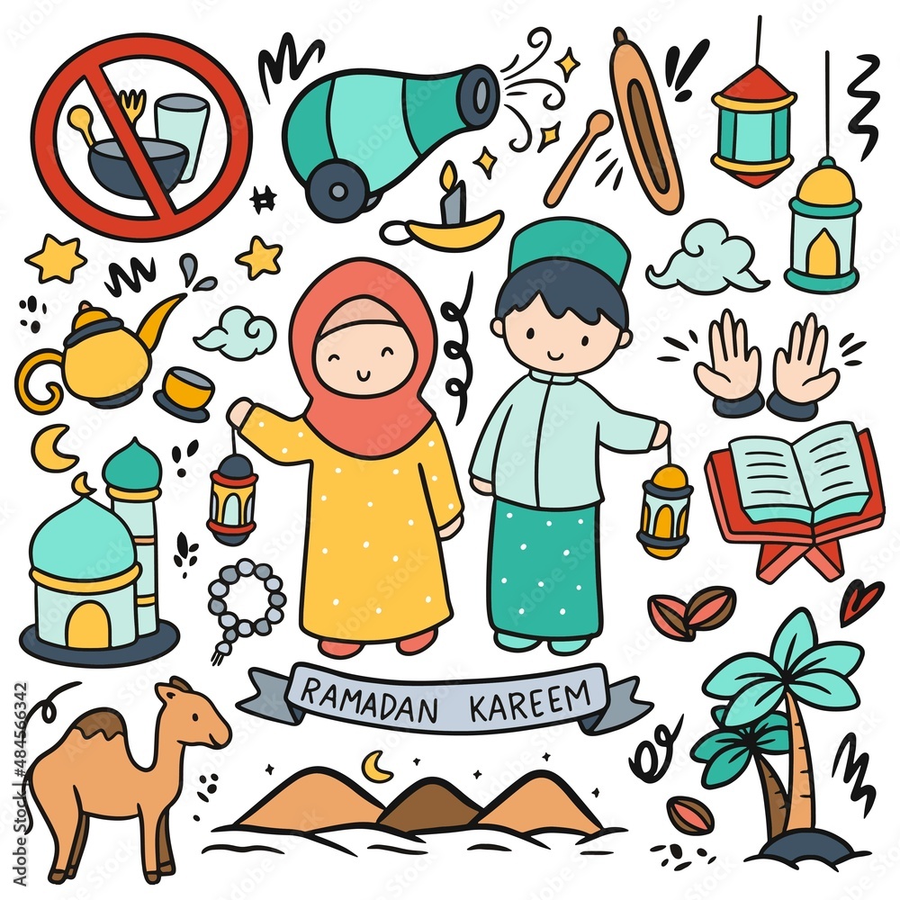 Cartoon Kids Celebrating Ramadan in Kawaii Doodle Style Vector Clip Art ...