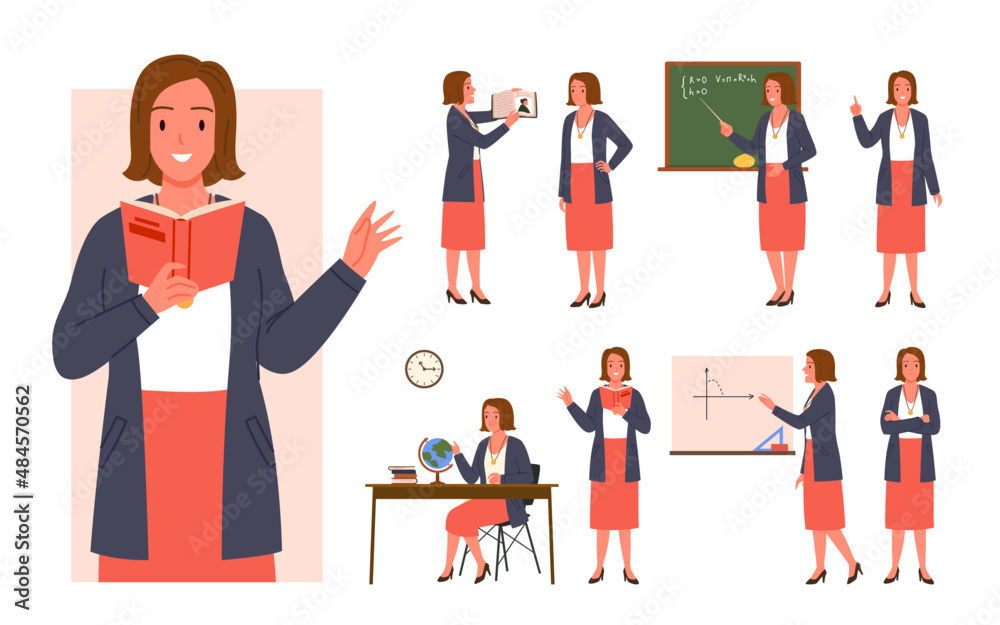 Set of professional woman teacher in different teaching poses. Female ...