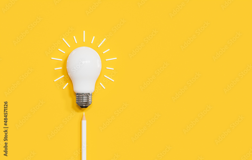 Light bulb and pencil on yellow background, business creativity and ...