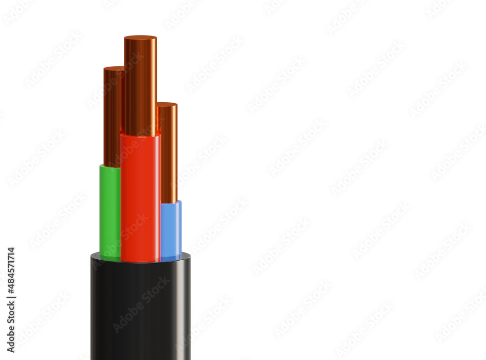 Flexible Three-wire electrical cable isolated on white background ...