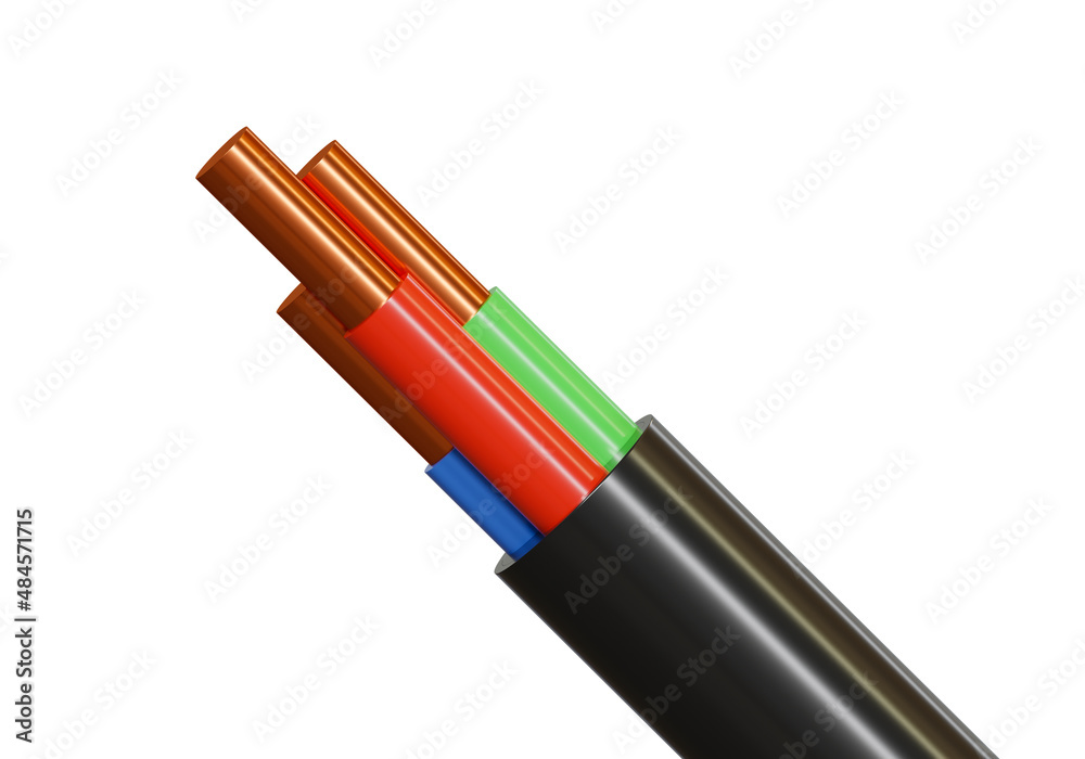 Flexible Three-wire electrical cable isolated on white background ...