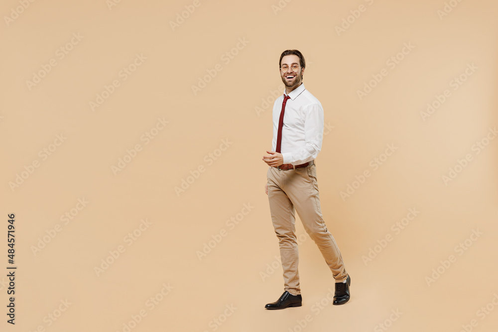Full body side view happy young successful employee business man corporate lawyer 20s wear white ...