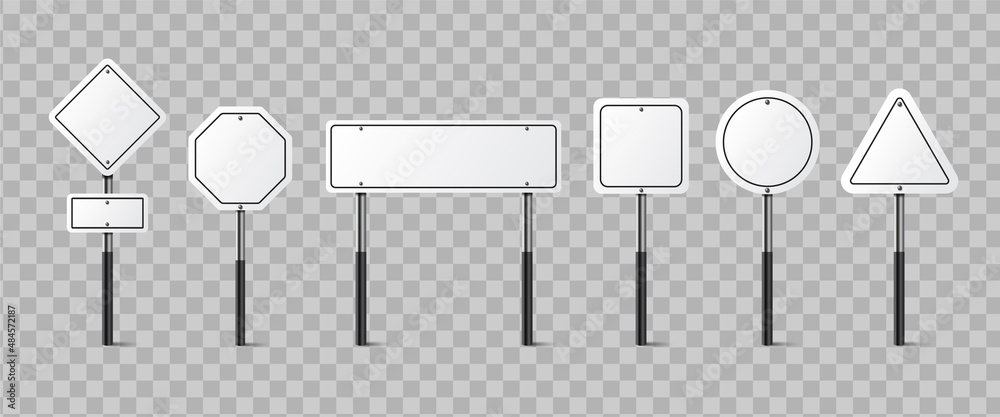 Set of white blank road sign isolated. Direction traffic signs boards ...