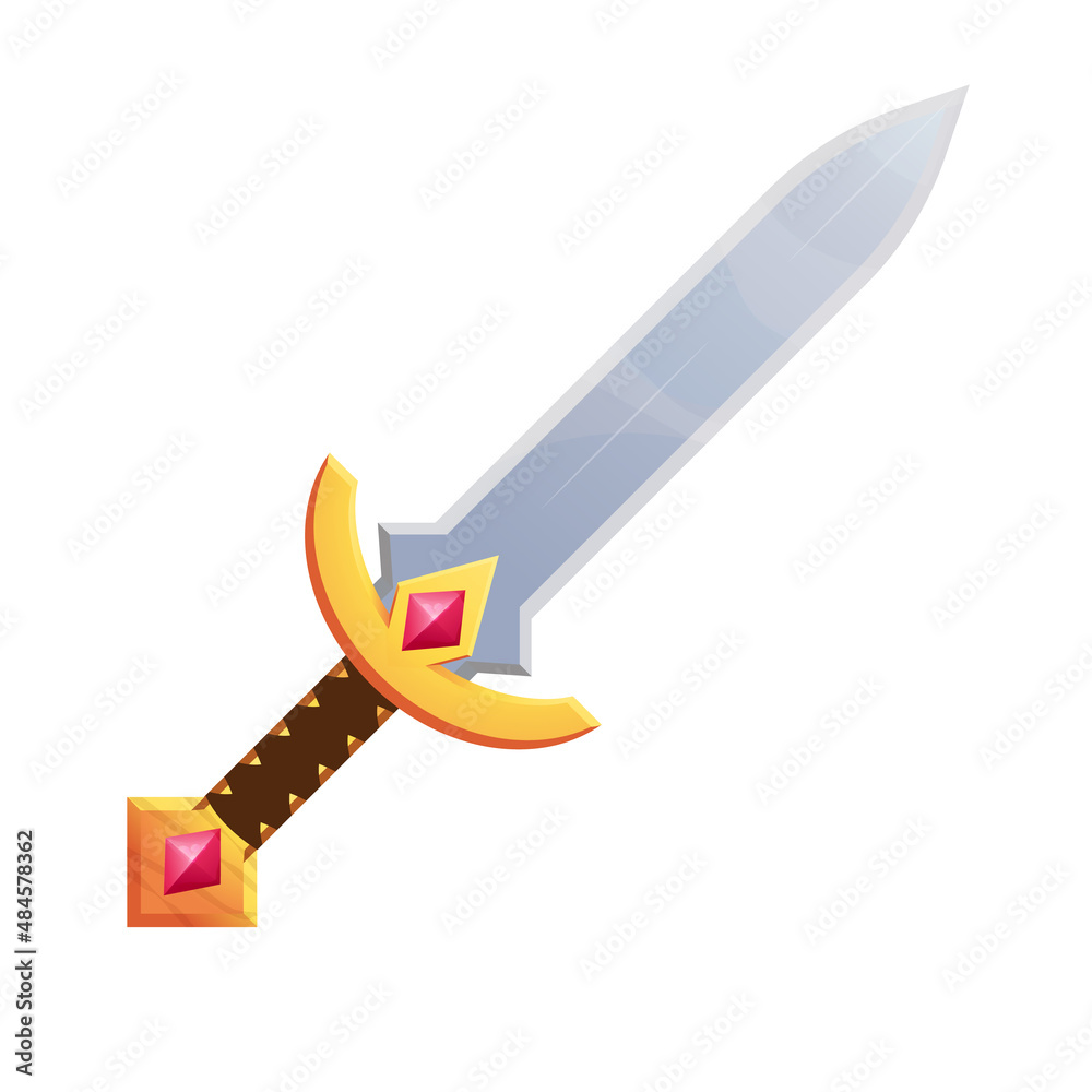 Funny iron medieval fantasy sword with gold handle in cartoon style ...