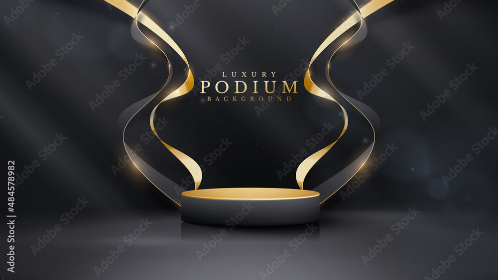 Product podium and golden ribbon elements with lighting and bokeh ...