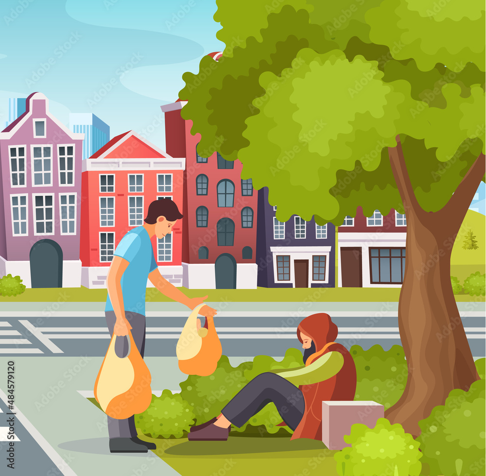 Volunteer people doing charity activities, donates food to homeless ...