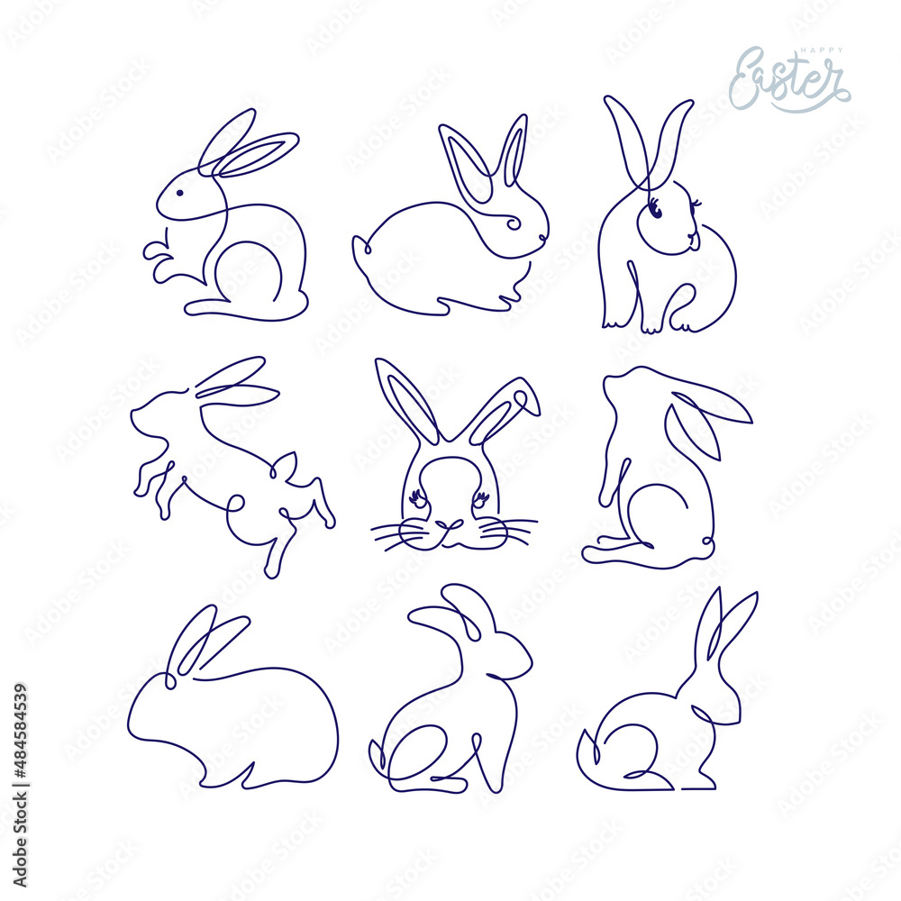 Set of Easter bunny in simple one line style. Rabbit icon. Continuous line drawing of easter ...