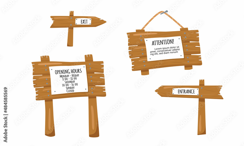 Wooden sign board set with texture in cartoon style. Opening hours ...