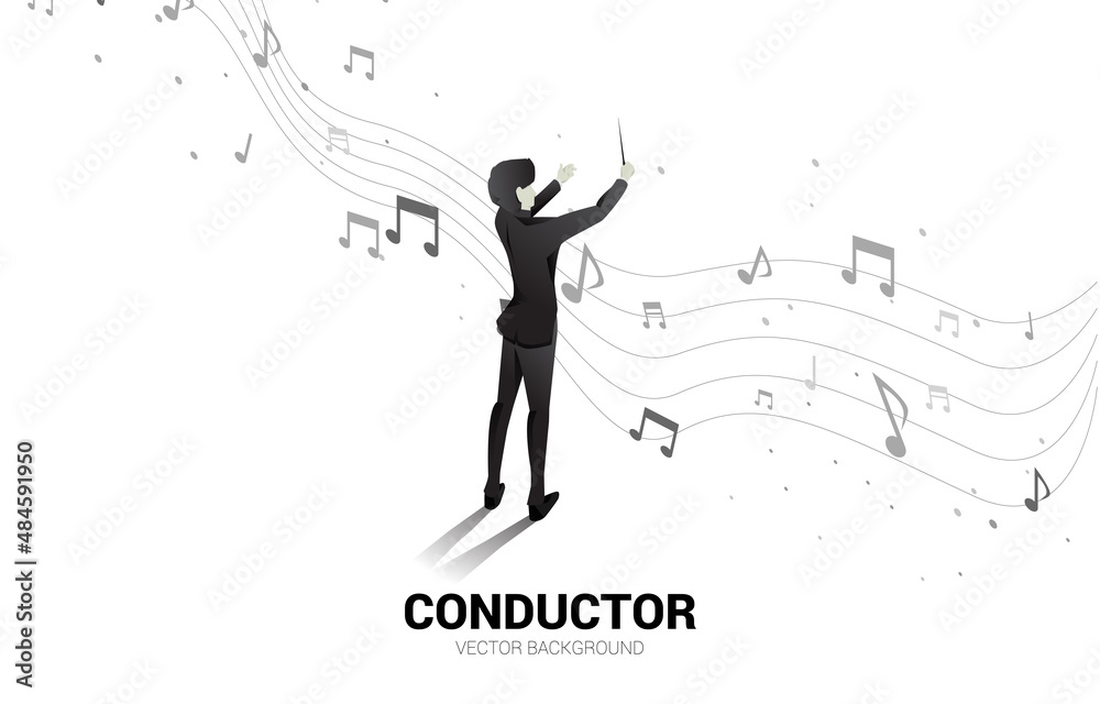Vector silhouette of conductor standing with flying music note ...