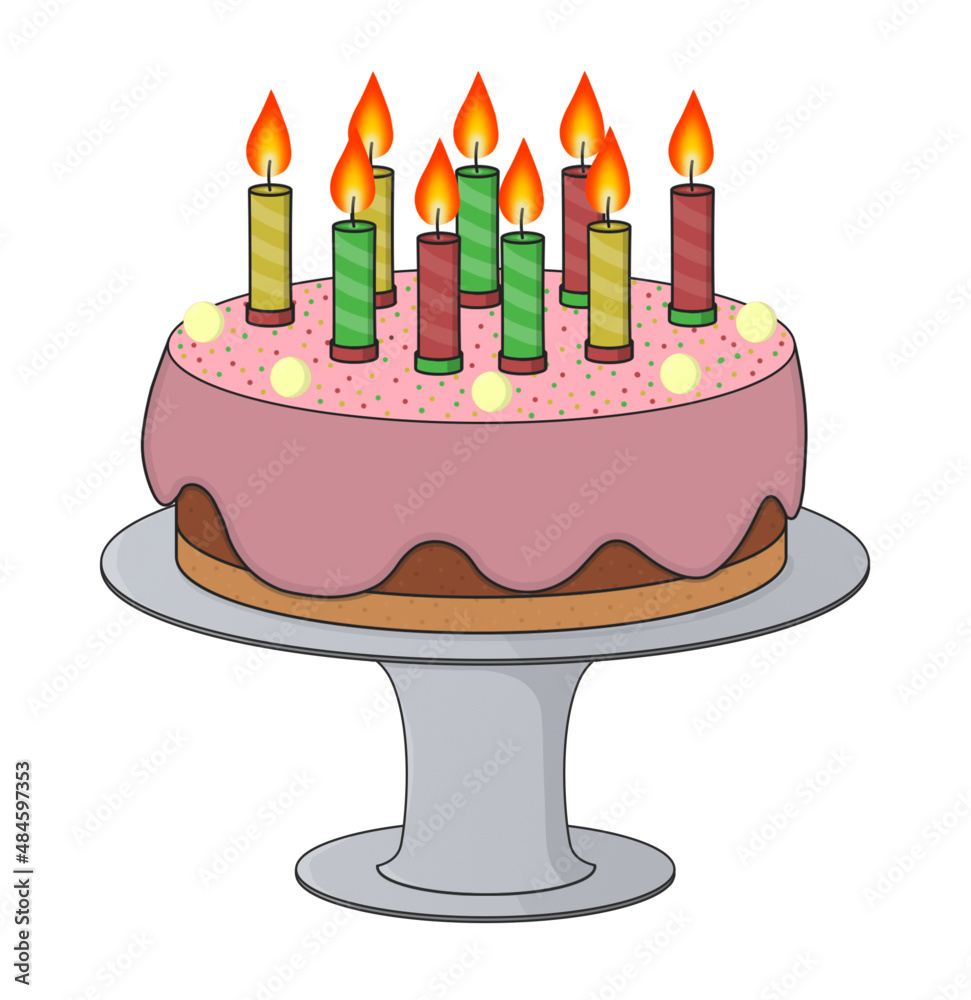 Cartoon style pink glaze birthday cake on stand with 9 candles. Vector illustration clip art ...