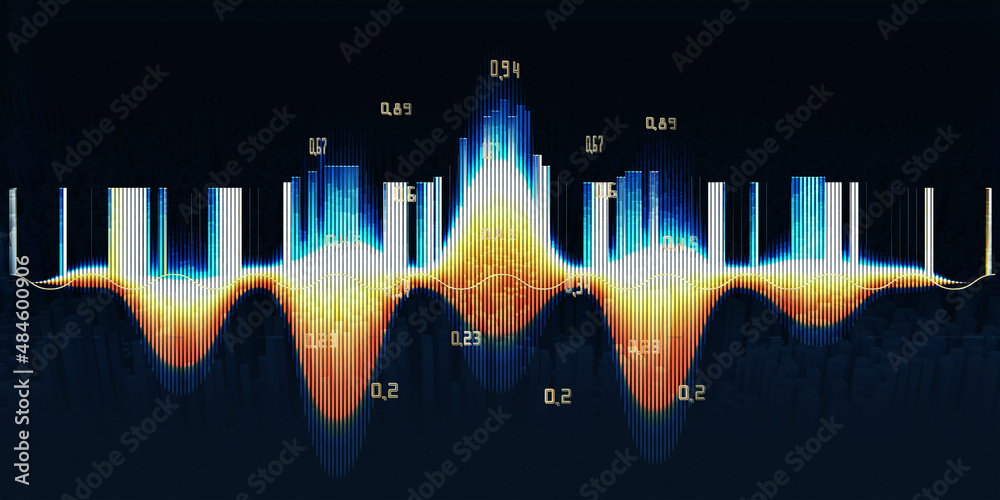 Abstract background with color sound wave and data on dark. Technologyl ...