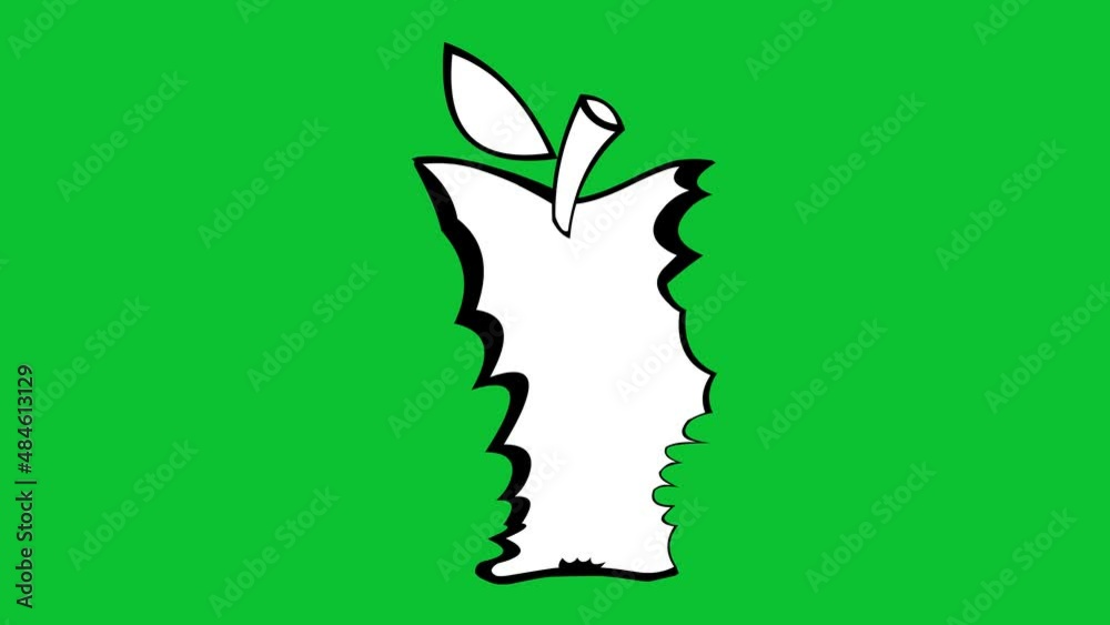 Loop animation of a bitten apple, drawn in black and white. On a green ...