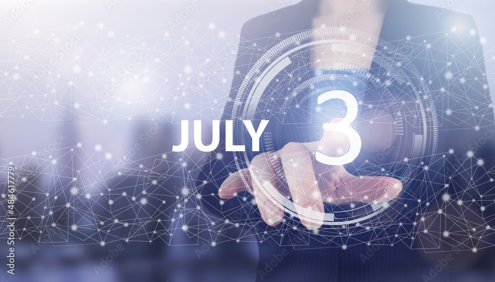 July 3rd. Day 3 of month, Calendar date. Hand click luminous hologram ...