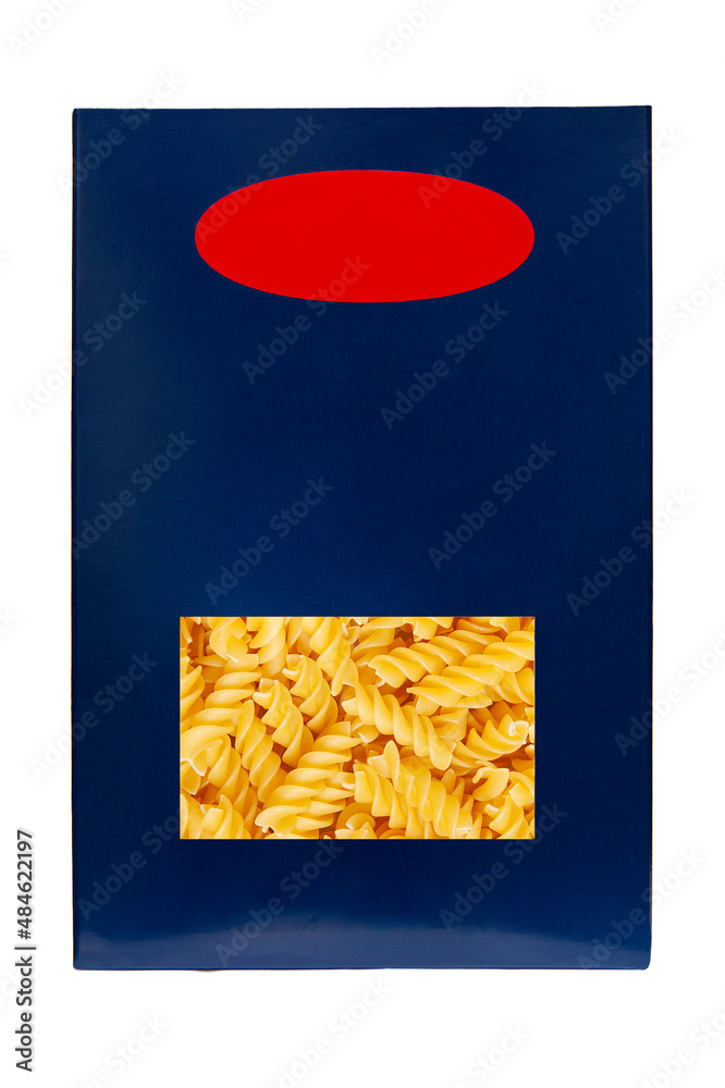 Pastas in boxes with clear plastic windows showing raw pasta. Stock ...