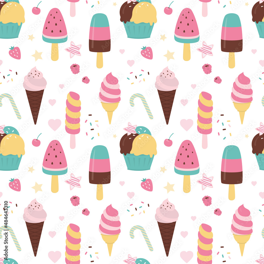 Seamless pattern with different types of ice cream. Cold dessert with ...