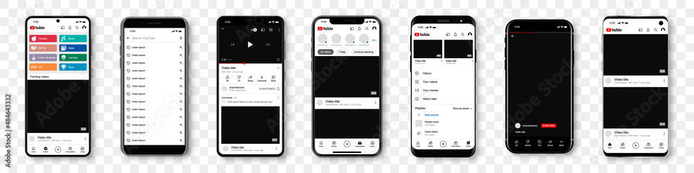 Set of realistic smartphone mockup with Youtube template frame for ...
