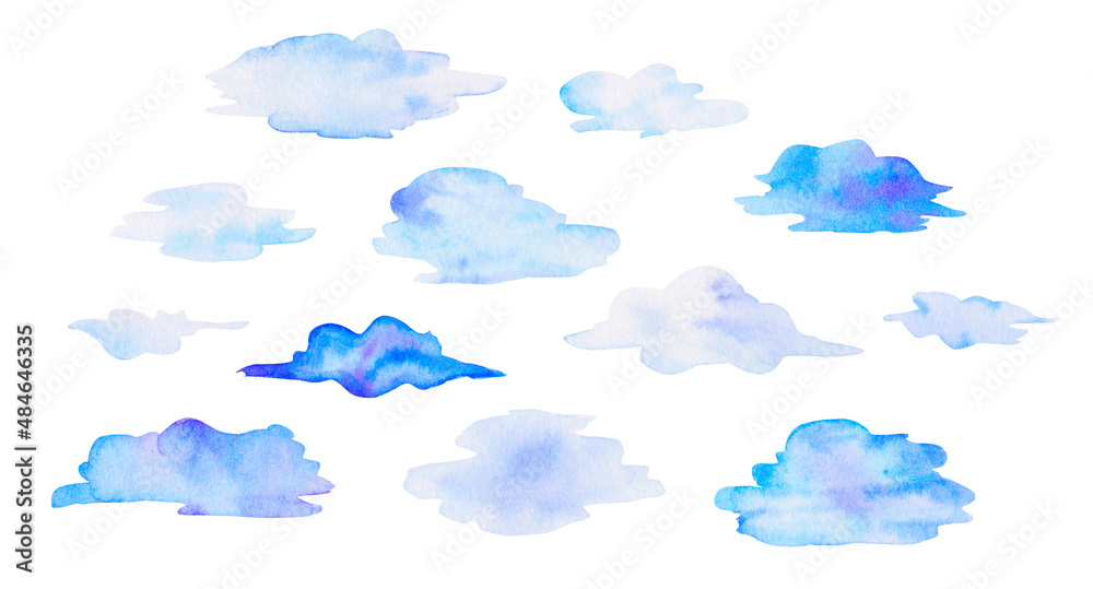 Set of watercolor clouds, light blue color, for kids design isolated on ...
