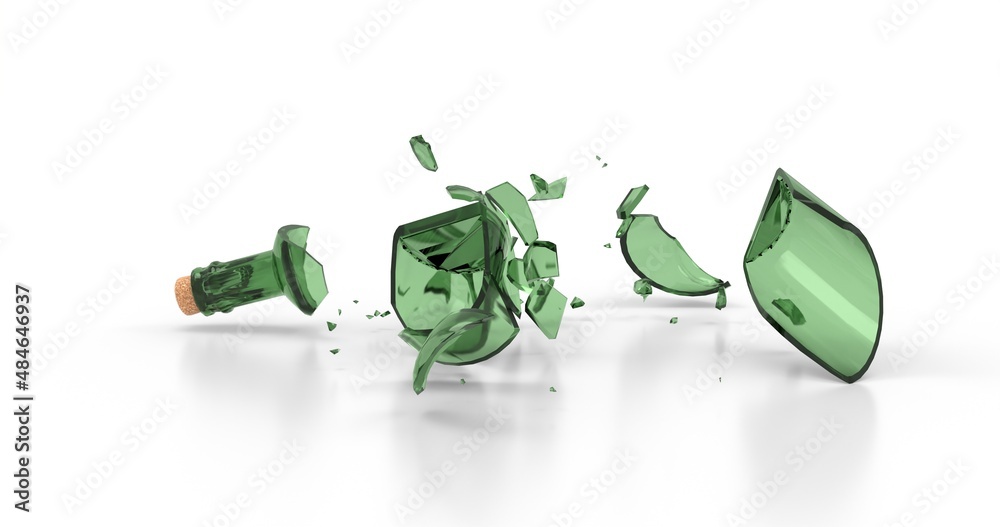 Smashed broken glass wine empty bottle. Dark green color shards. Frozen ...