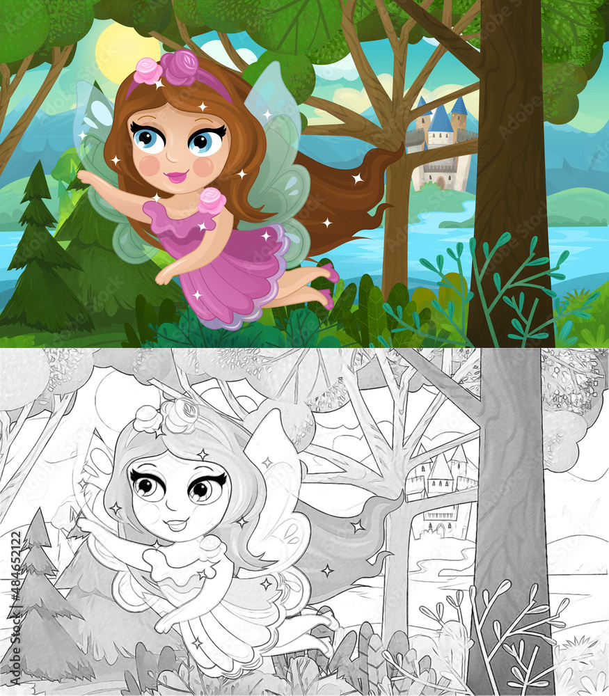 cartoon scene with nature forest princess and castle Stock Illustration ...