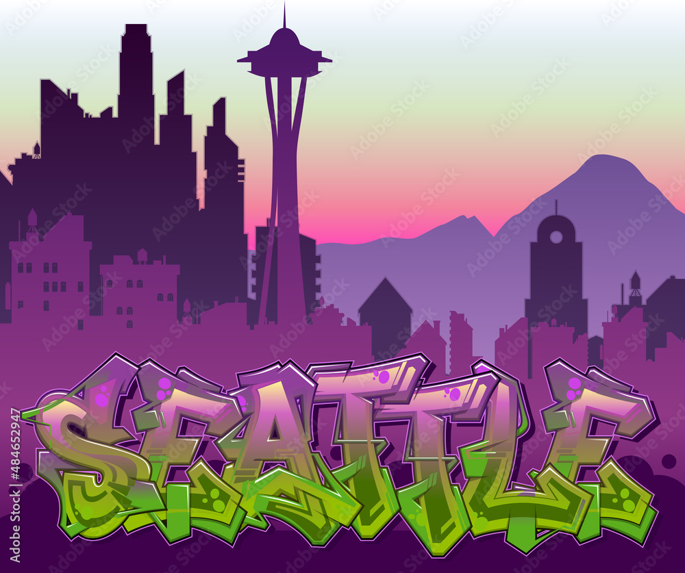 Seattle Silhouette Skyline Backdrop with Graffiti Logotype Stock Vector ...