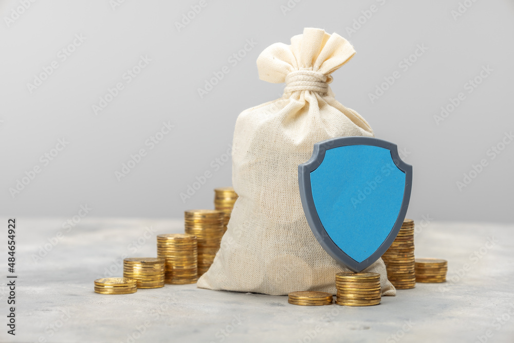 Money bag and a stack of gold coins with a shield. Savings insurance ...