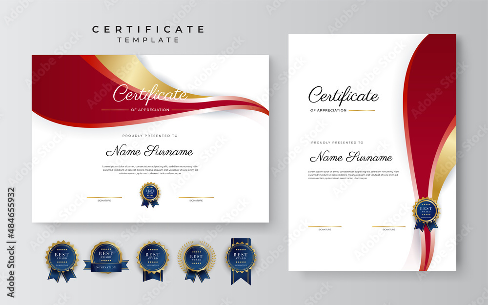 Luxury certificate of appreciation template with red and gold color ...