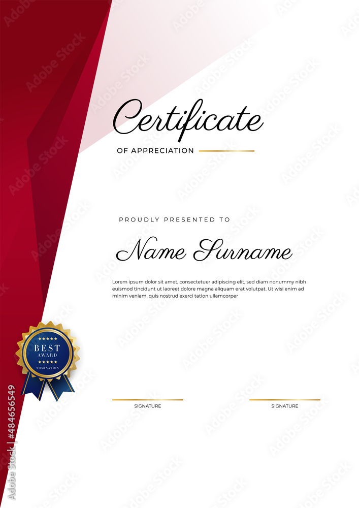 Luxury certificate of appreciation template with red and gold color ...