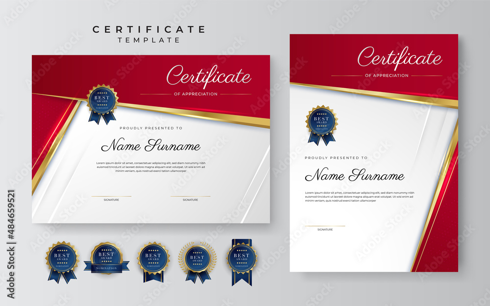 Luxury certificate of appreciation template with red and gold color ...