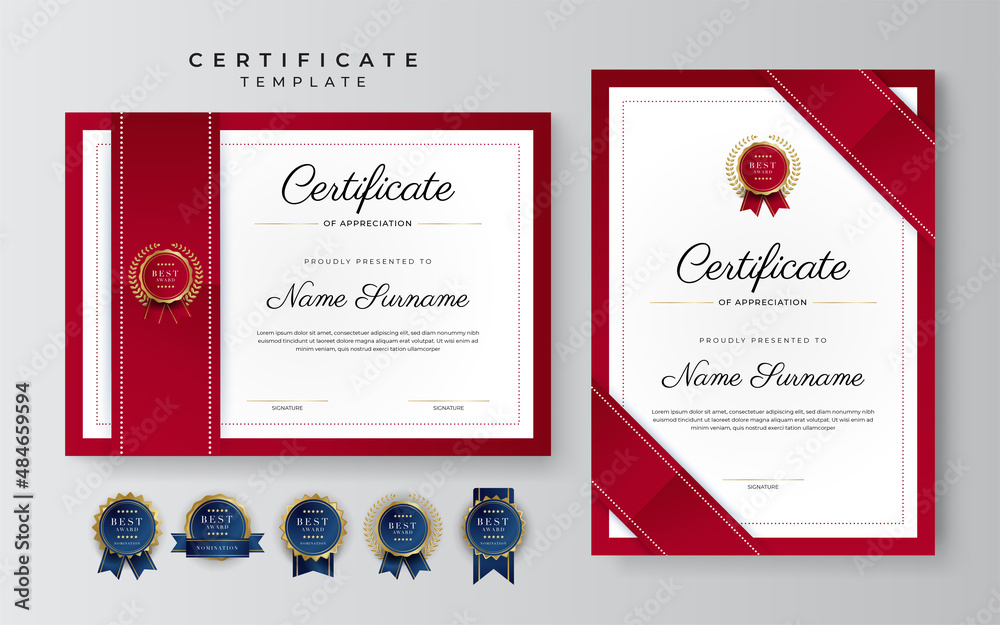 Luxury certificate of appreciation template with red and gold color ...
