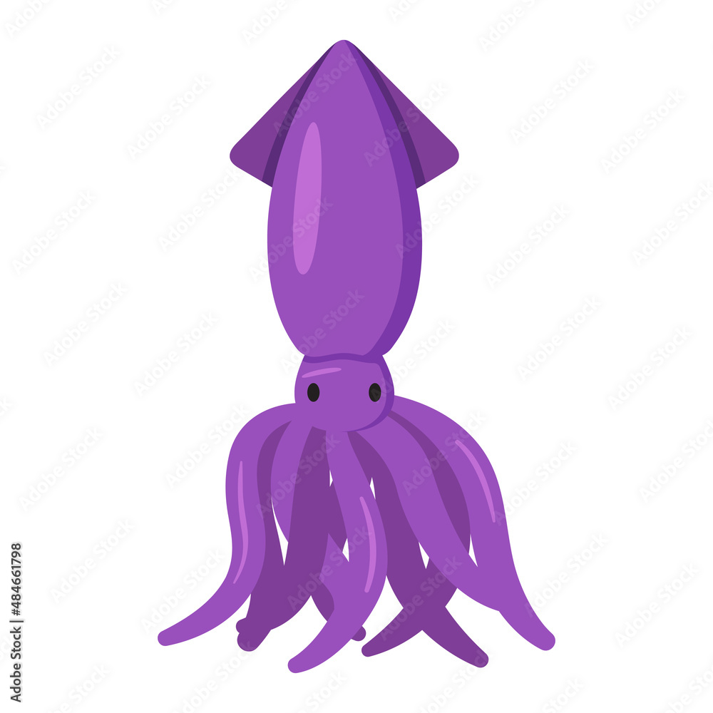 Purple squid, vector illustration in cartoon flat style. Sea and ocean ...