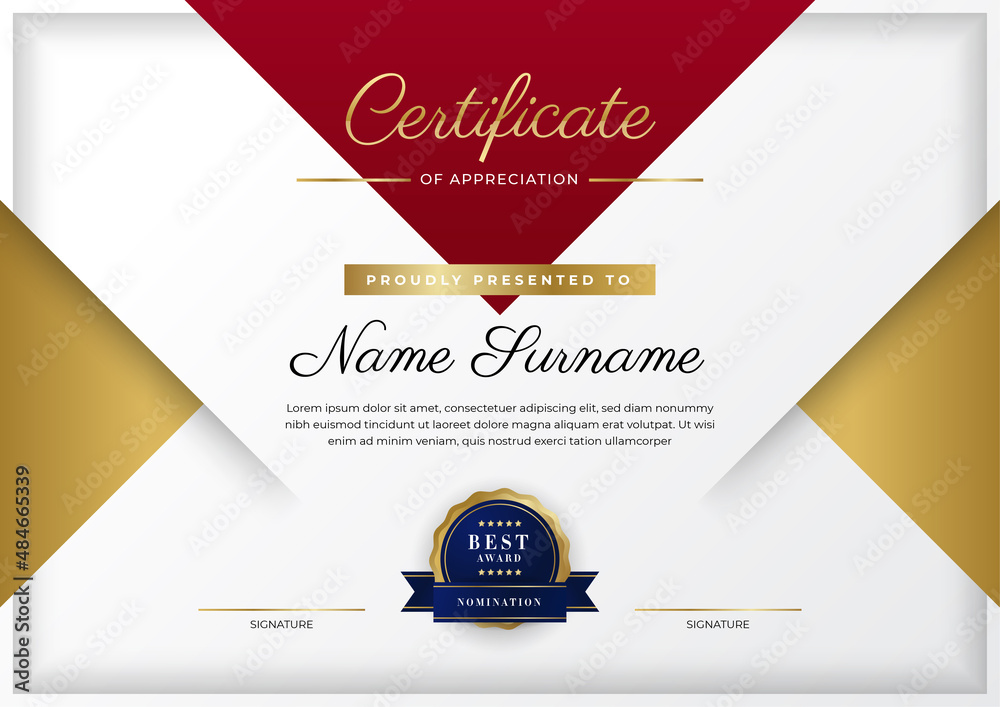 Luxury certificate of appreciation template with red and gold color ...