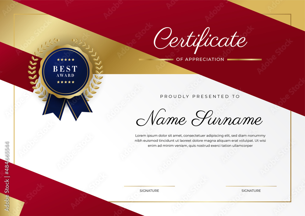 Luxury certificate of appreciation template with red and gold color ...