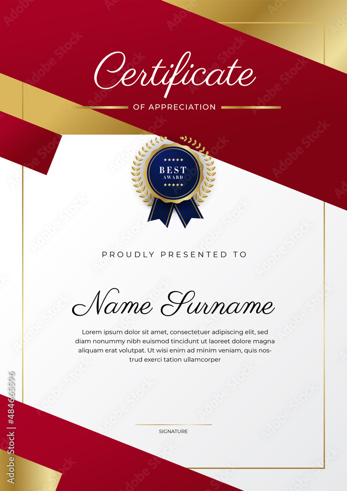 Luxury certificate of appreciation template with red and gold color ...