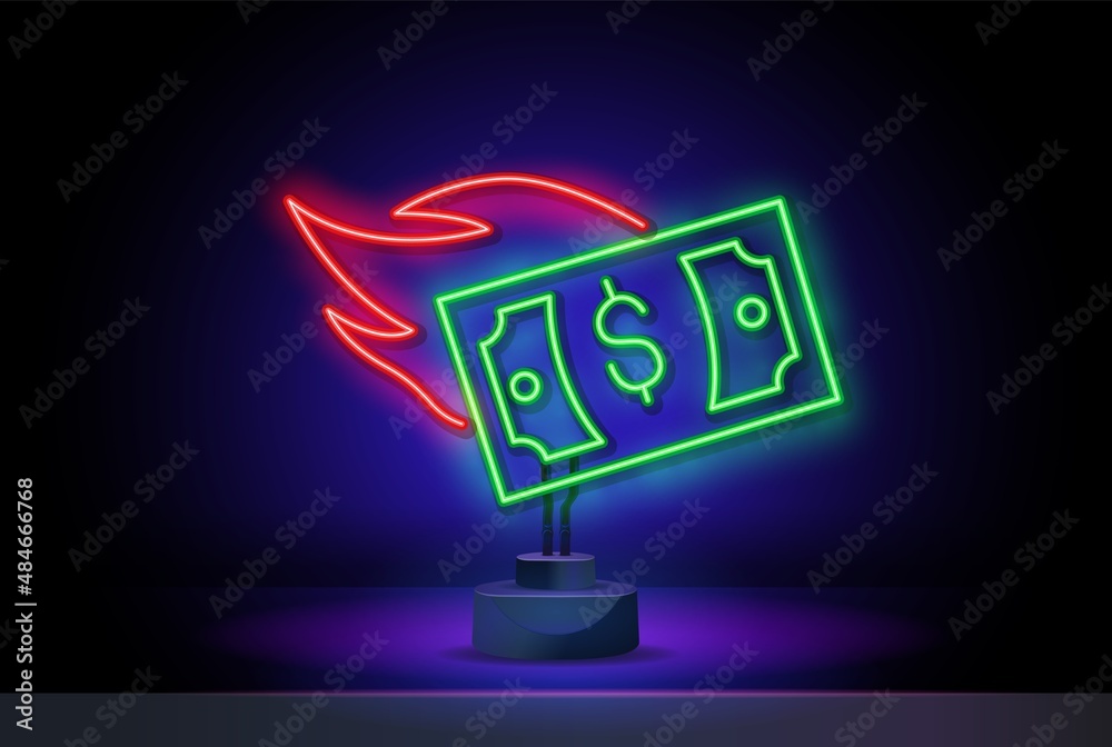 Neon Burning dollar. Green money on fire. Glowing bright icon cash ...