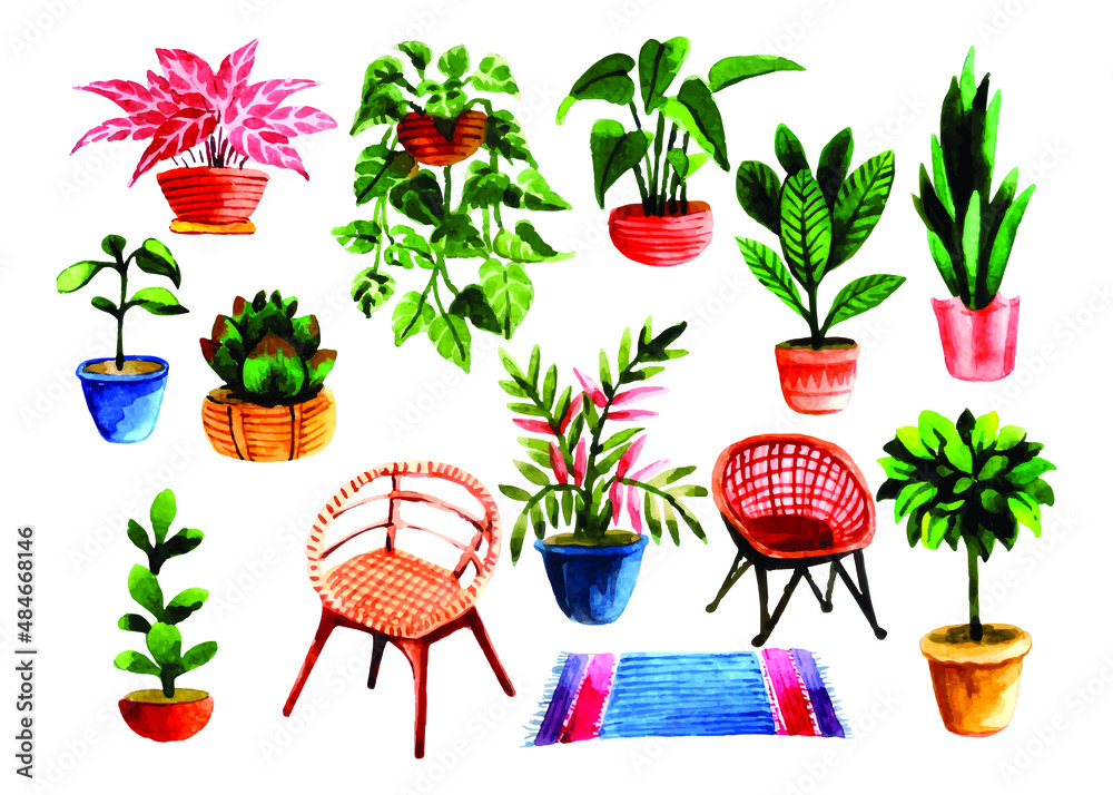 watercolor set of flowers and plants Clipart Stock Vector | Adobe Stock