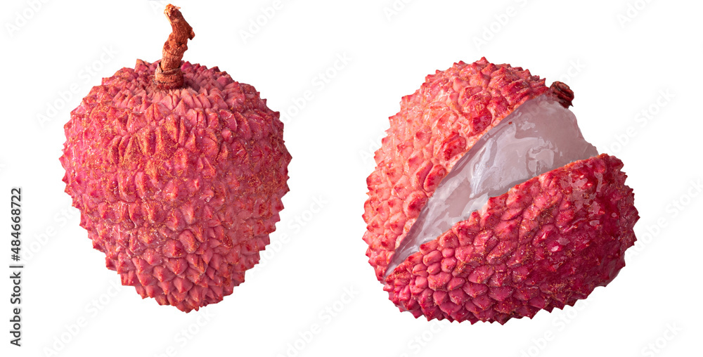 Lychee with peel and peeled lychee isolated on a white background Stock ...