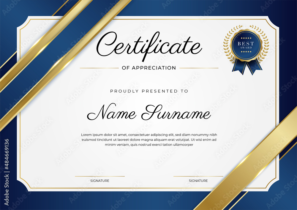 Modern blue certificate template and border, for award, diploma, honor ...
