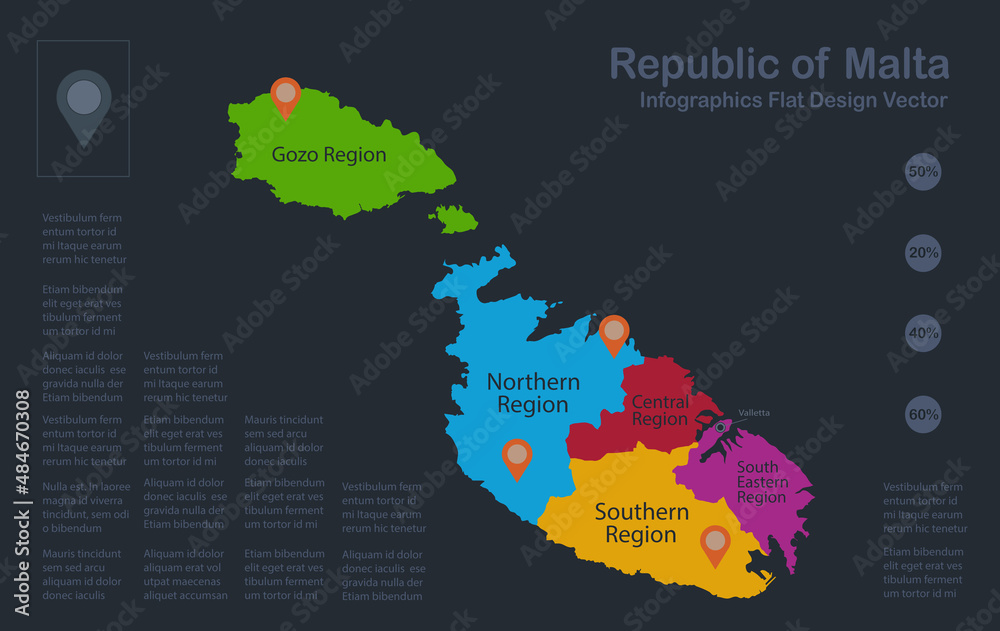 Infographics Malta regions map with names, flat design colors, blue ...