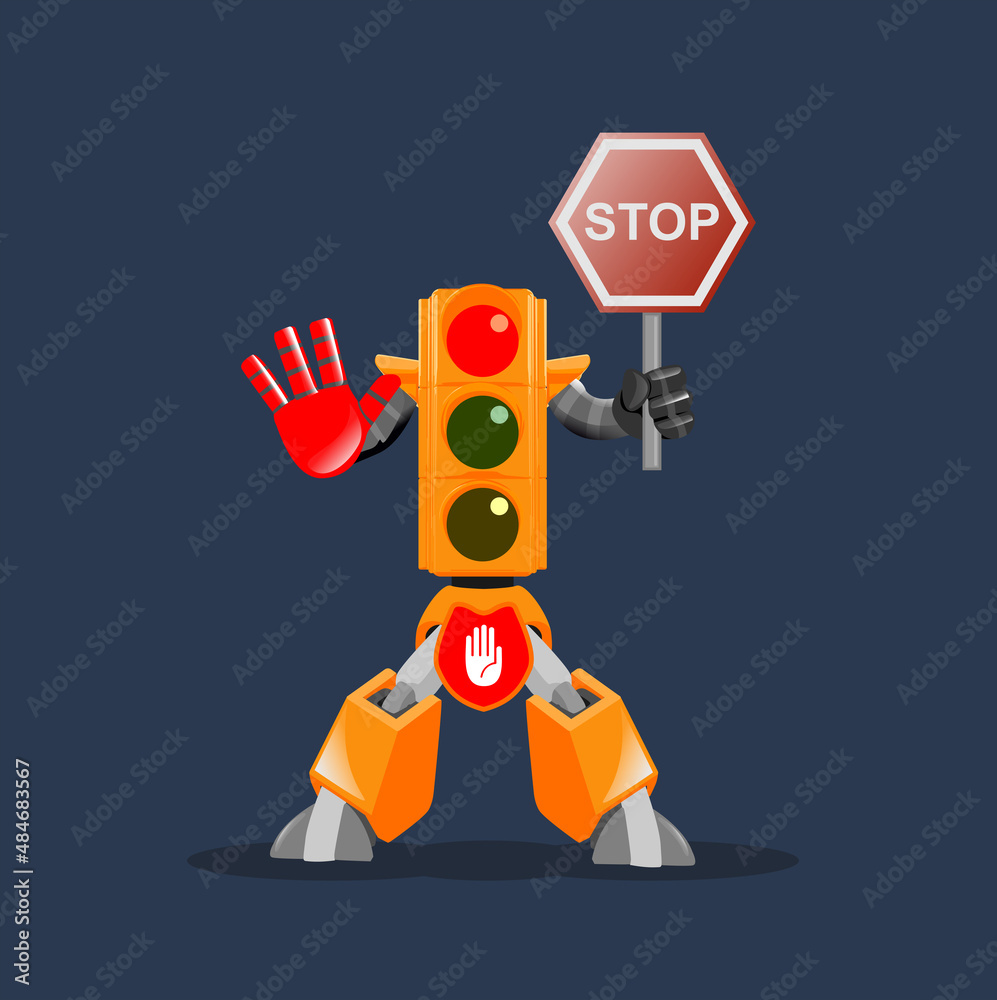 Cartoon traffic light robot holding a sign and shows the right way road ...