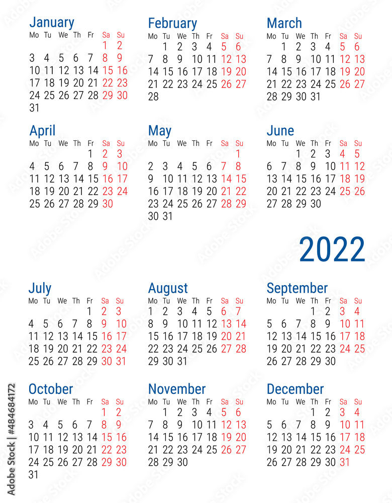 Simple Calendar 2022. Week starts on Monday. Stock Vector | Adobe Stock
