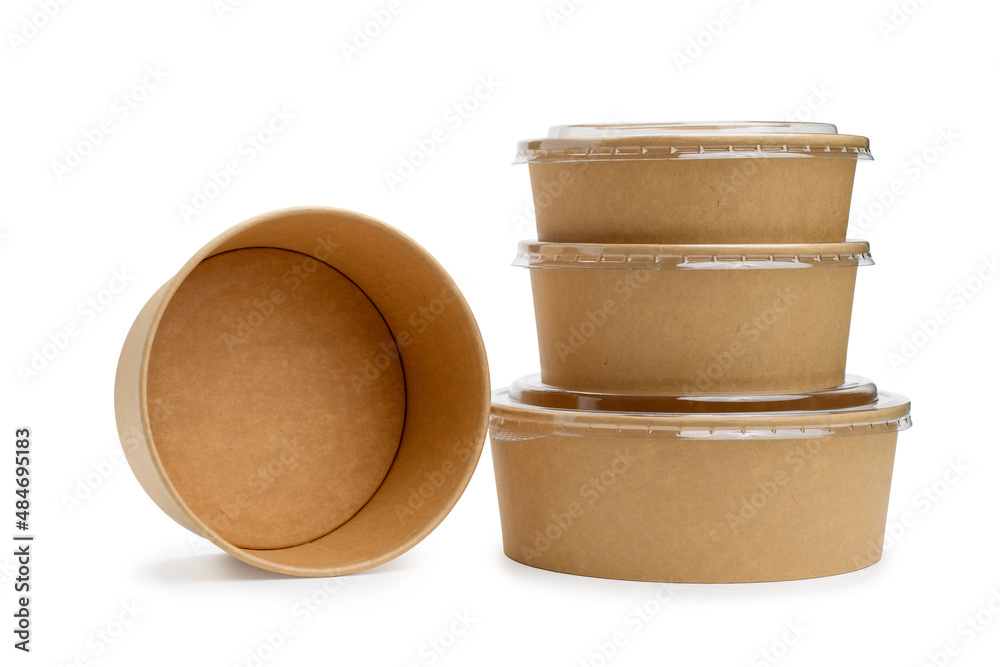 Containers for the delivery and storage of food round shape. Side view ...