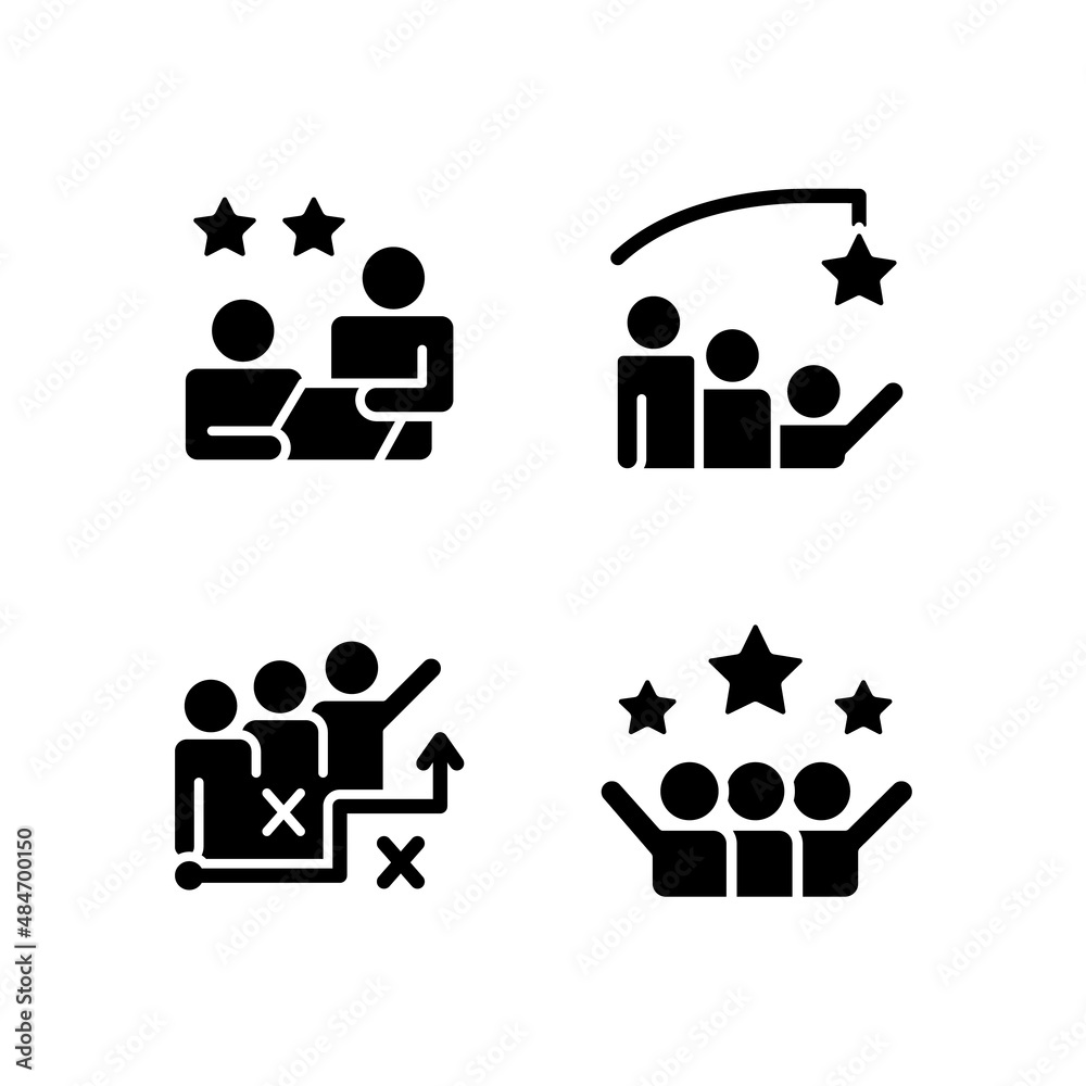 Group achievement black glyph icons set on white space. Stategy ...