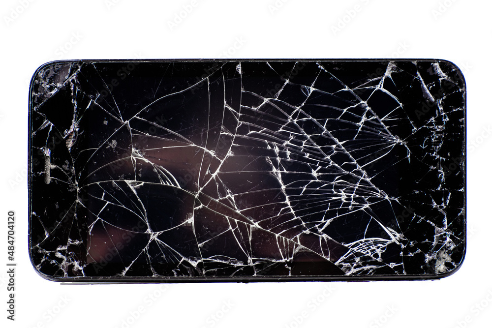 Broken phone screen on a white background. Many cracks on the black ...